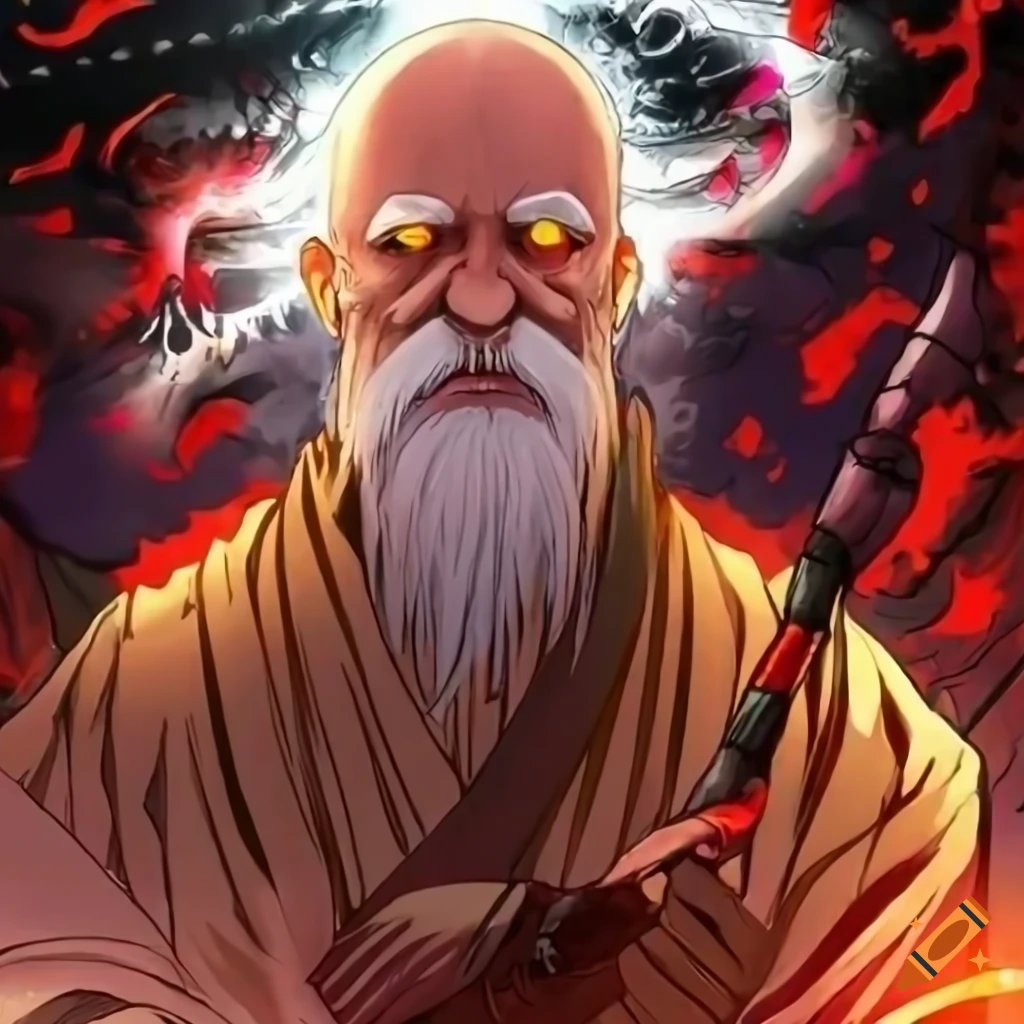 Artwork of an old bald monk with battle axes in a heavenly library on ...