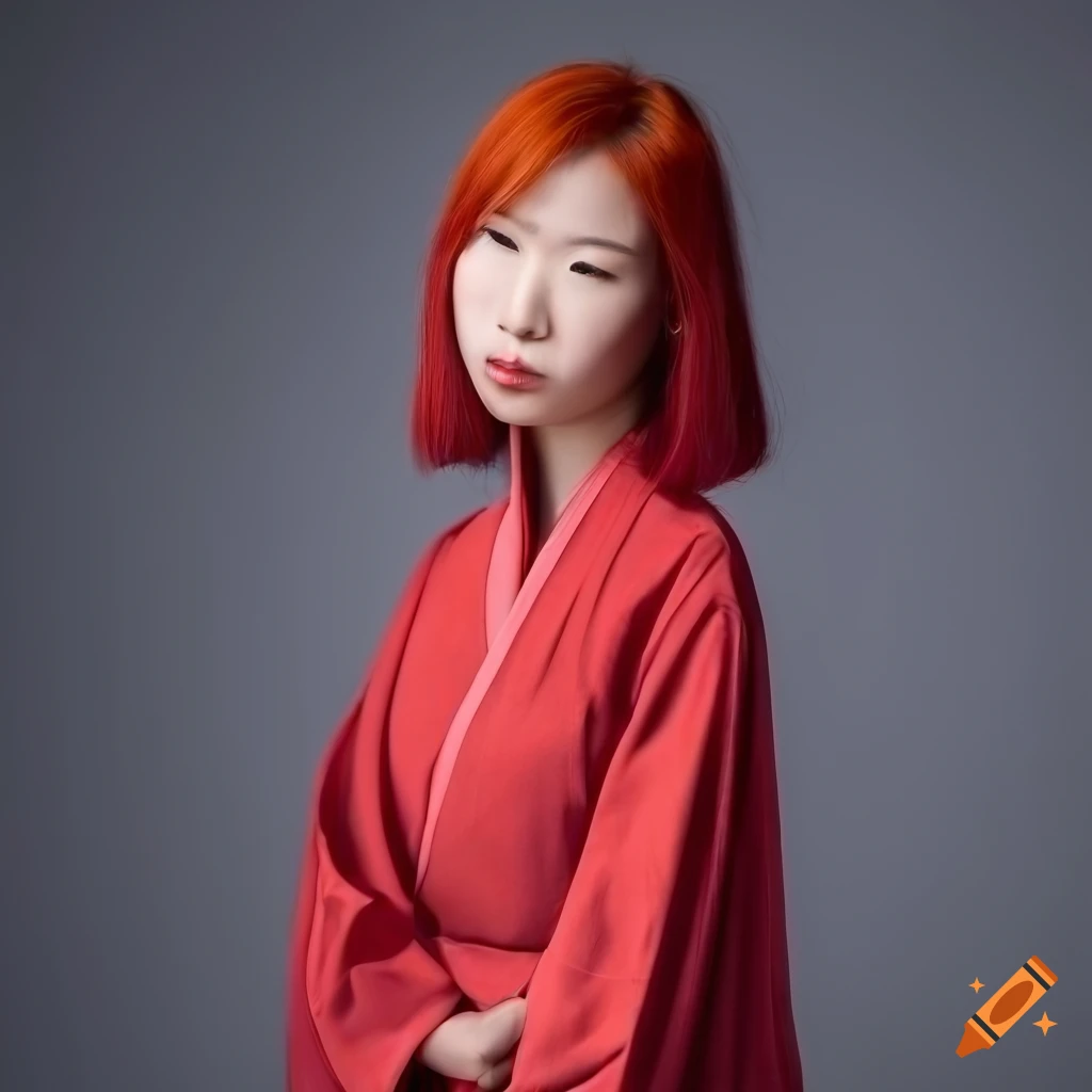 Photo portrait of a confident asian woman with vibrant red hair on Craiyon