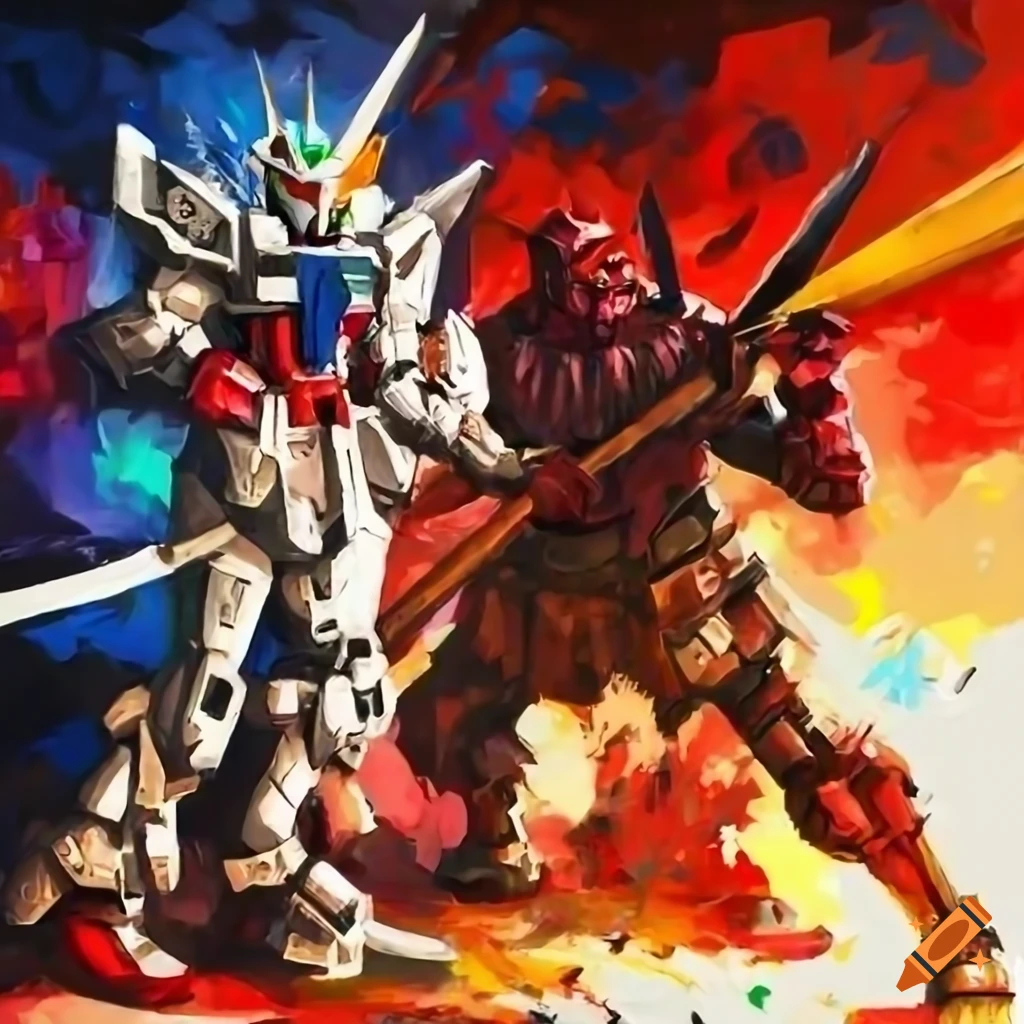 Palette knife painting of a white gundam and red orc in sword fight on ...