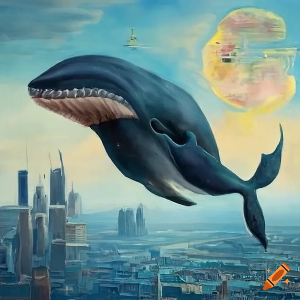 Surreal painting of a flying whale above a city