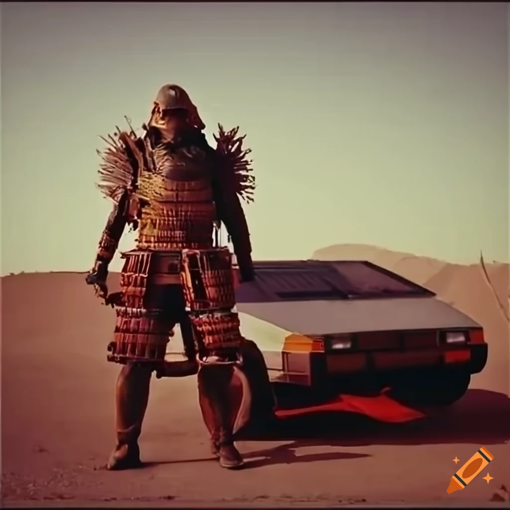 Cinematic still from mad max: fury road with a cyberpunk samurai guard ...