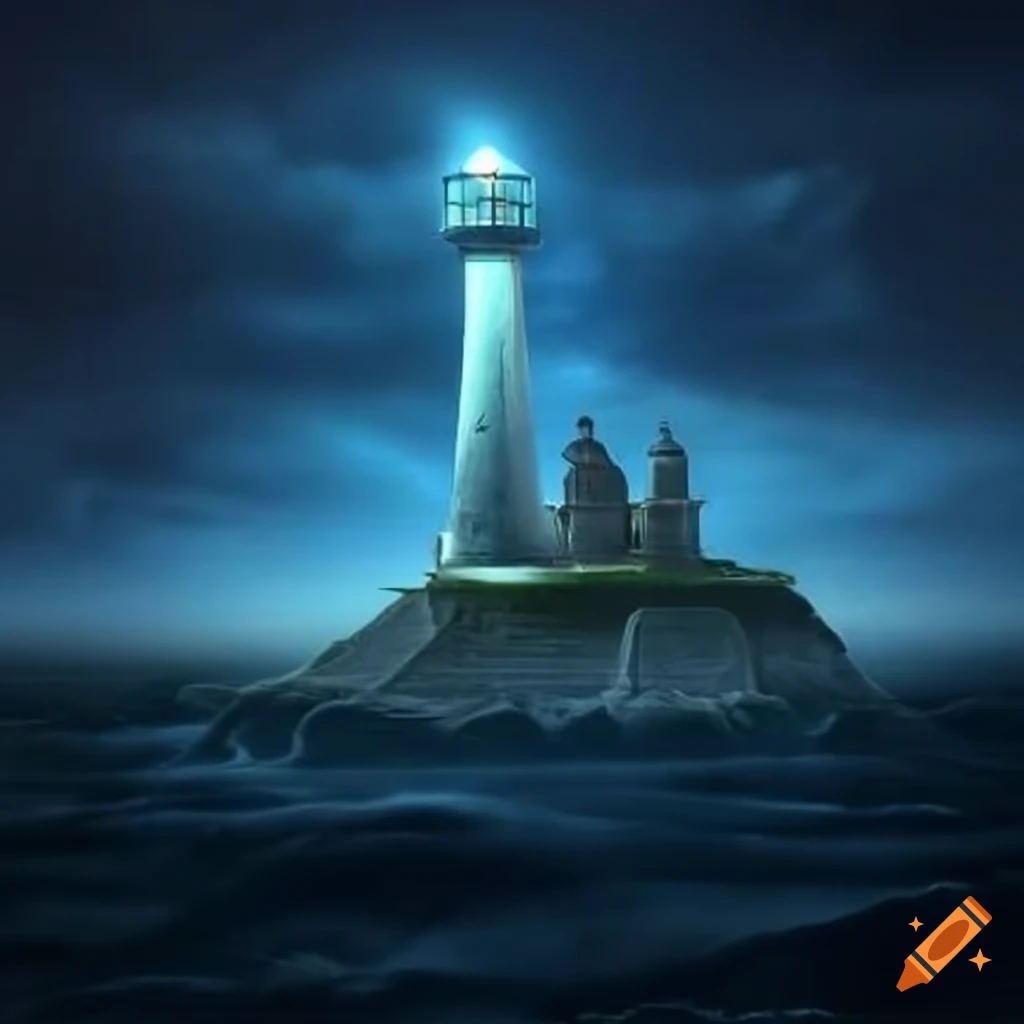 Futuristic ivory lighthouse in a stormy fantasy landscape