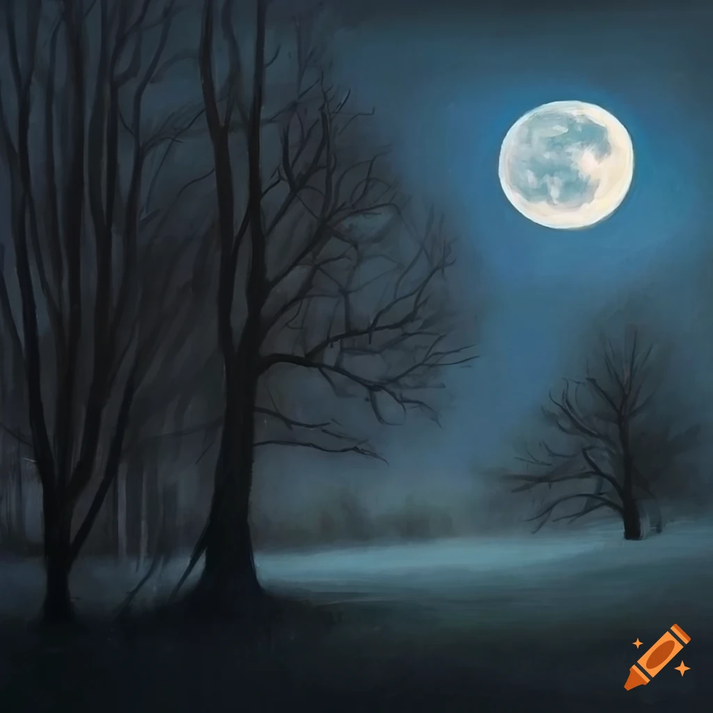 Moonlit painting of a frosty meadow with dark trees on Craiyon