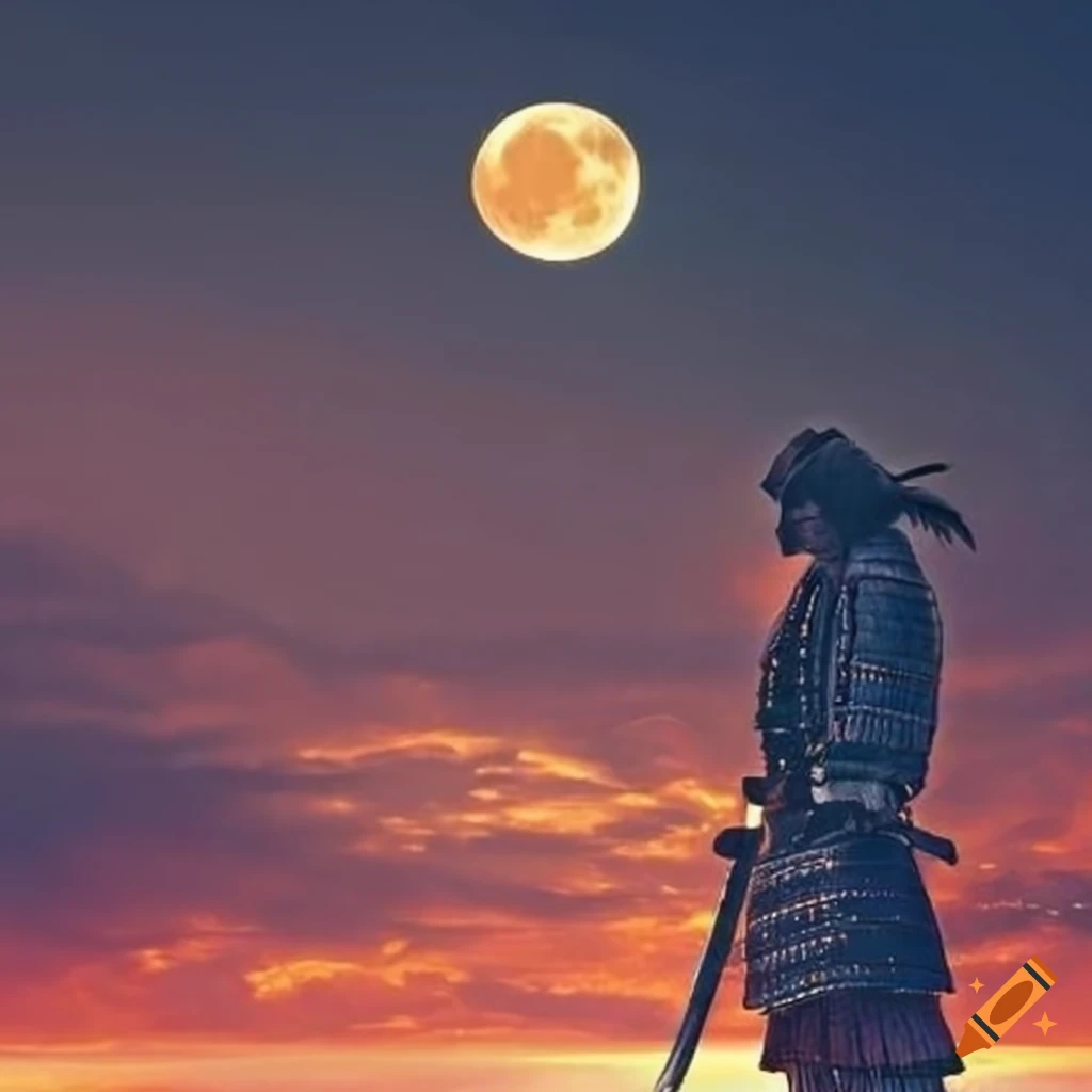 Image of a samurai gazing at the fiery moon with katana