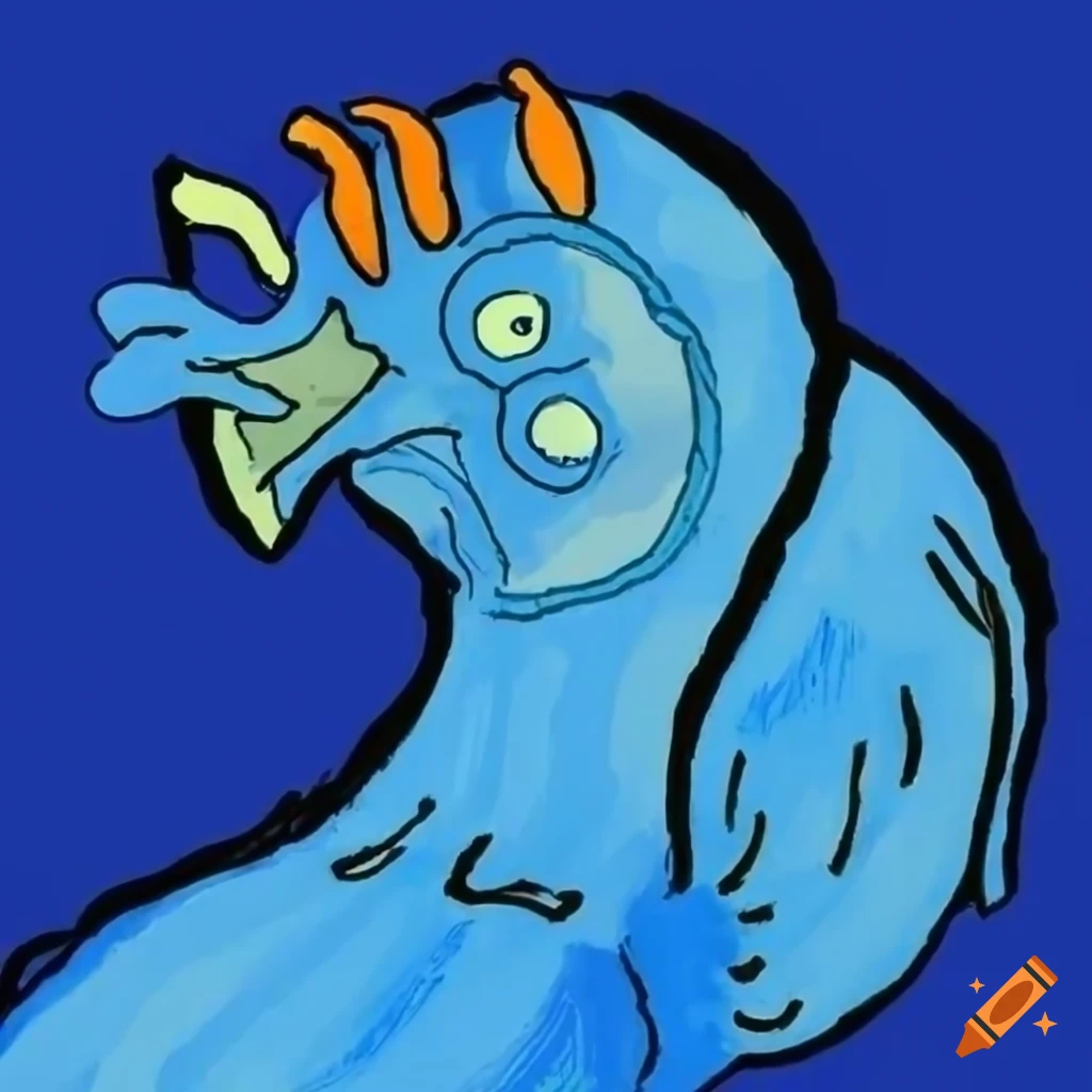 Blue chicken watching TV and contemplating invention on Craiyon