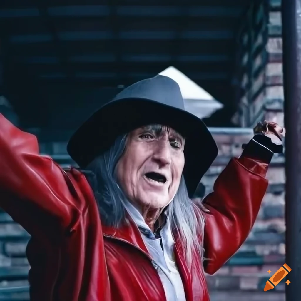 Portrait of a seasoned rock musician with long grey hair and red ...