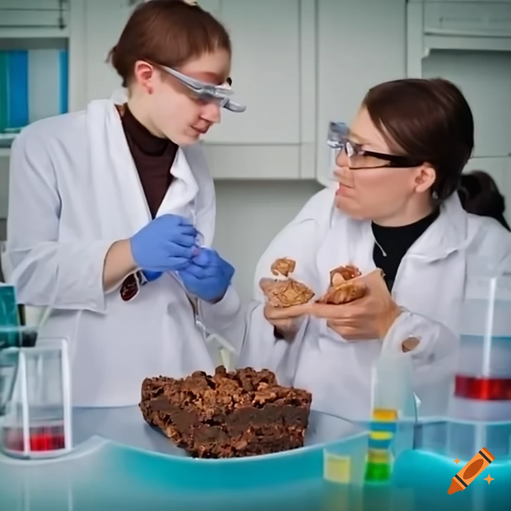Scientists enjoying brownies in a laboratory on Craiyon