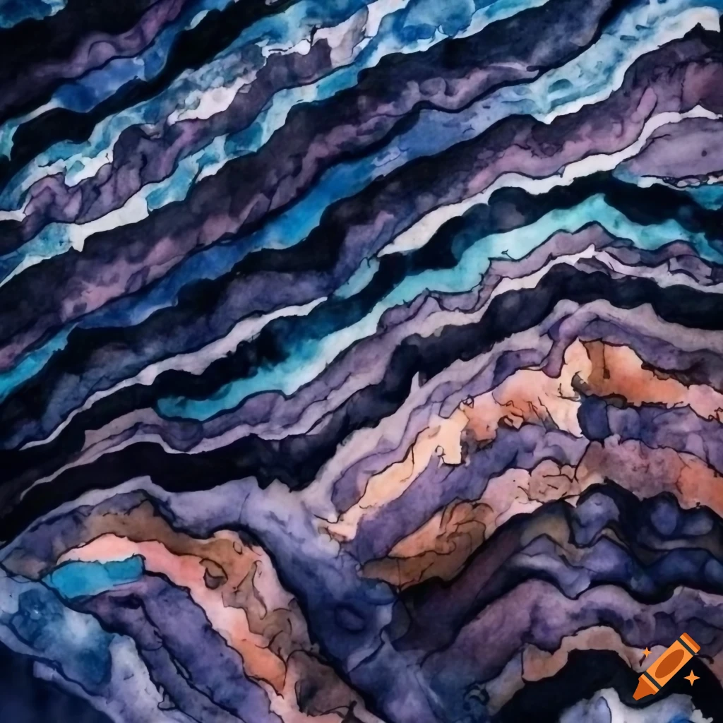 Watercolor and pencil drawing of gneiss rocks in a mountain on Craiyon