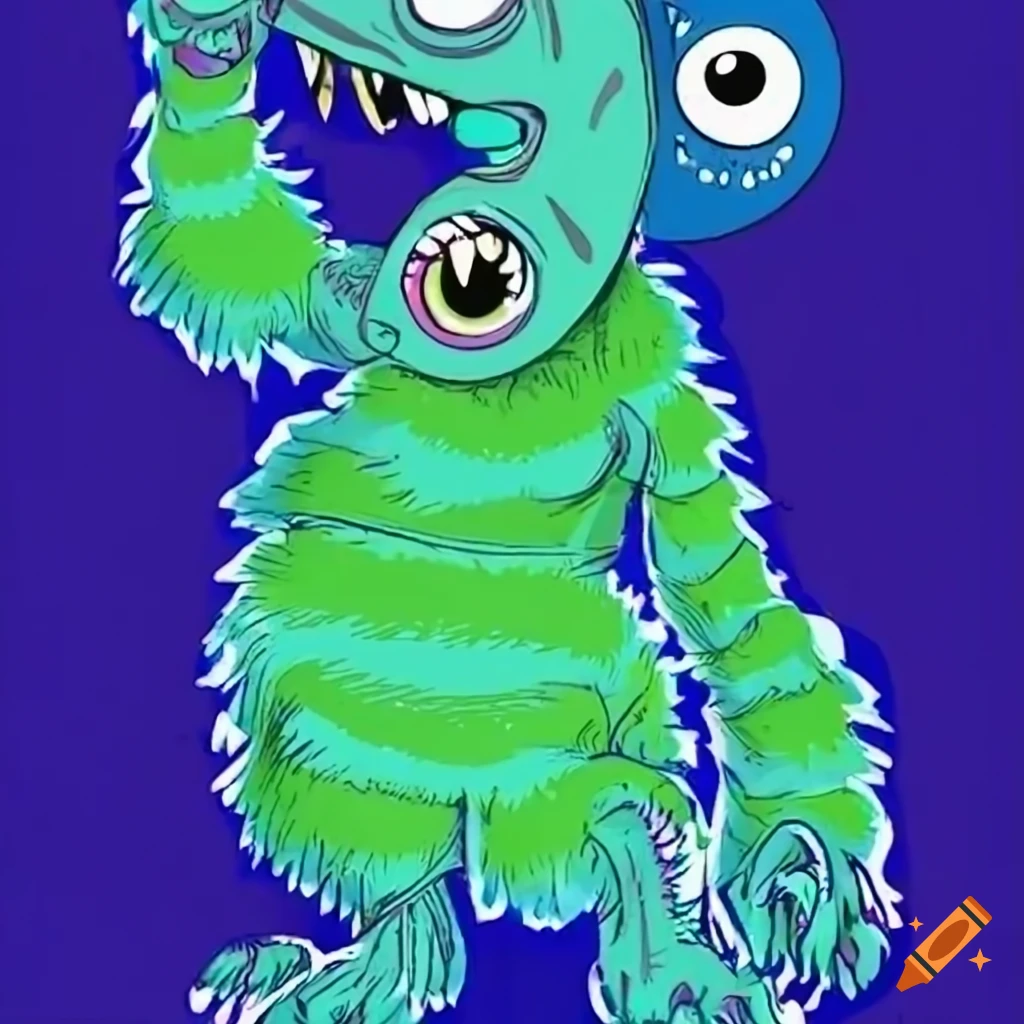 Cartoon monster with blue and green striped fur on Craiyon