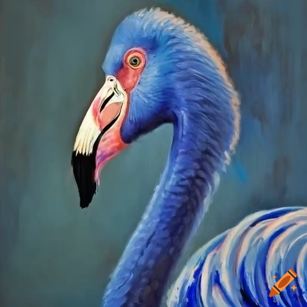 Classical painting of a cobalt blue flamingo