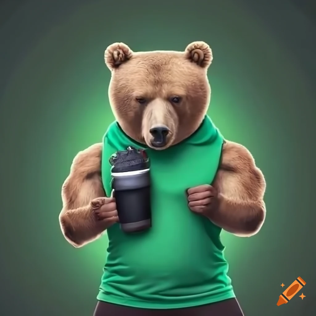 Bear flexing muscles with a protein shaker