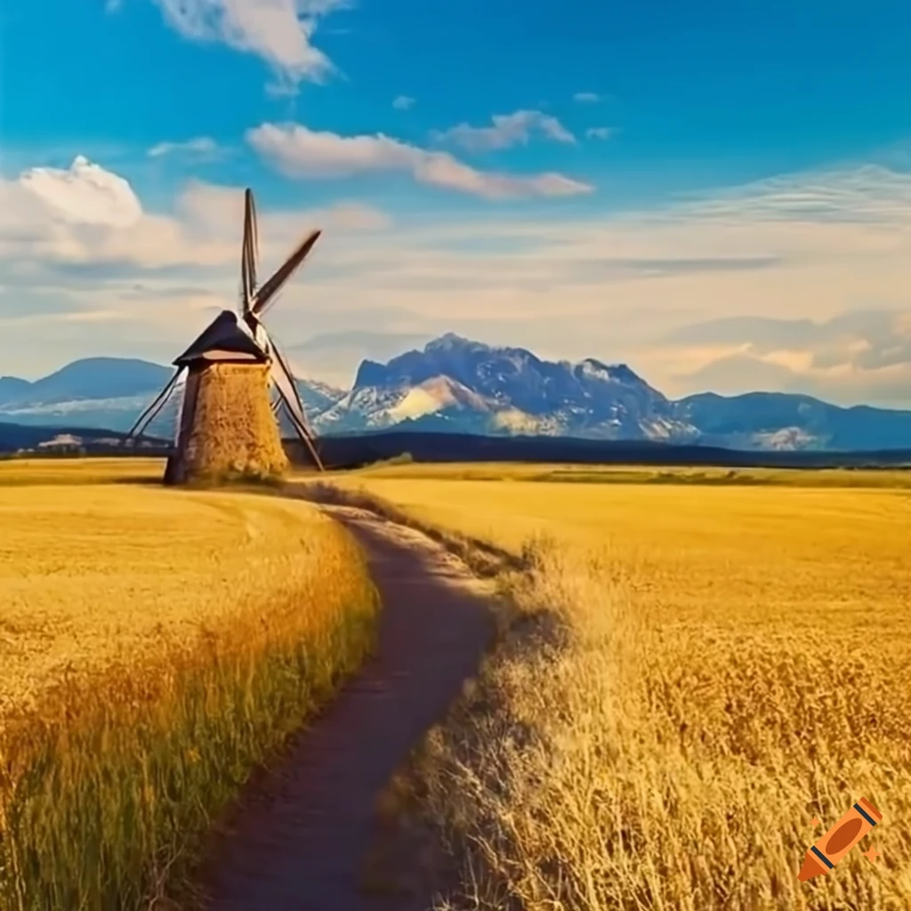 Medieval pathway with windmills in wheat fields on Craiyon