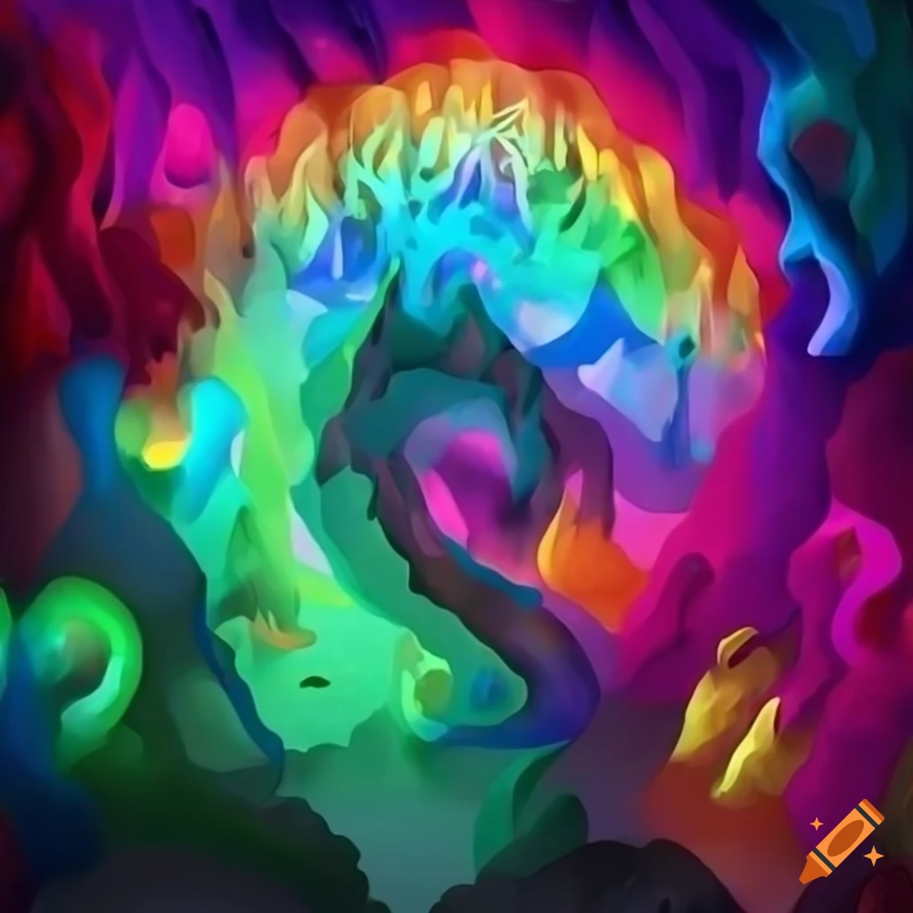 Rainbow-colored elemental in a colorful cave on Craiyon