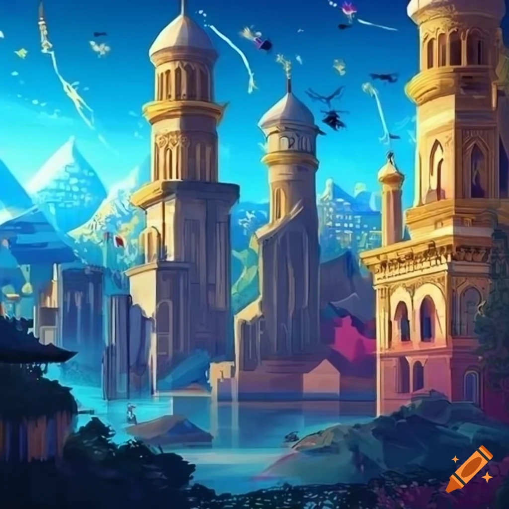 Anime artwork of a magical genie city on Craiyon