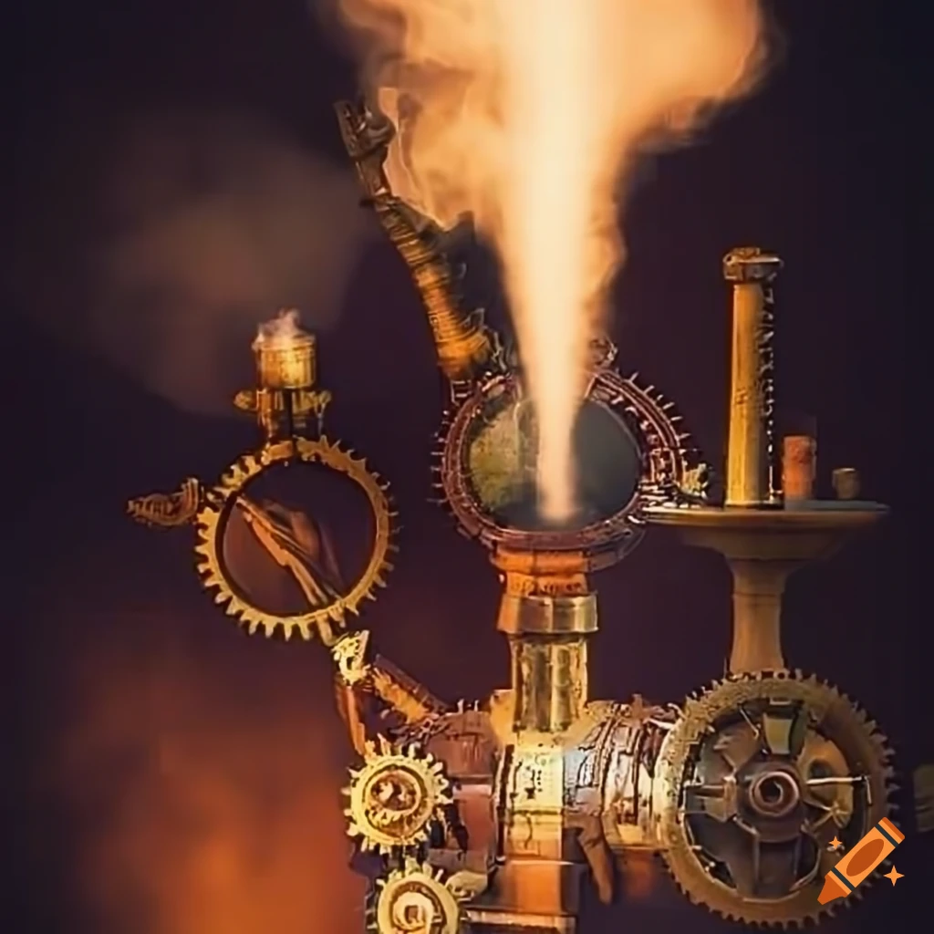 Steampunk atom reactor with fire and smoke on Craiyon
