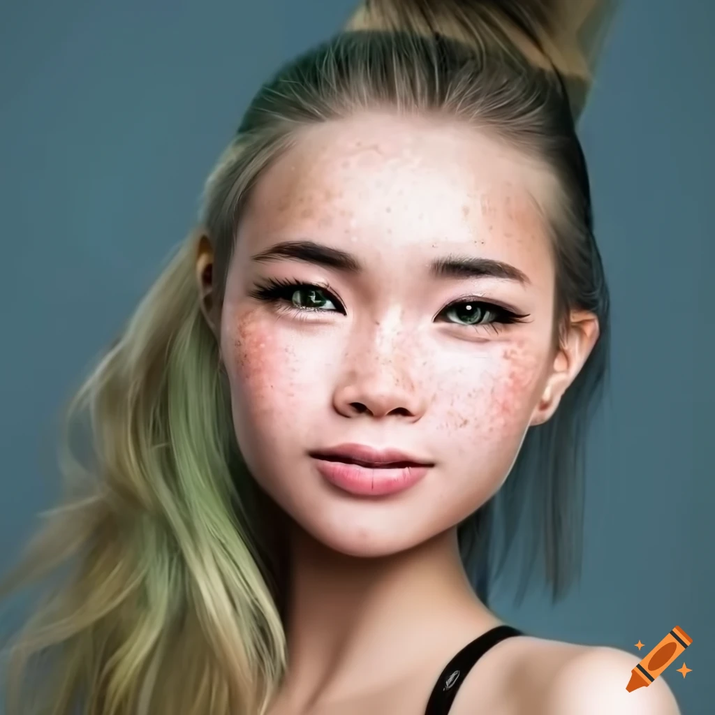 Portrait of a beautiful young woman with freckles and green eyes on Craiyon