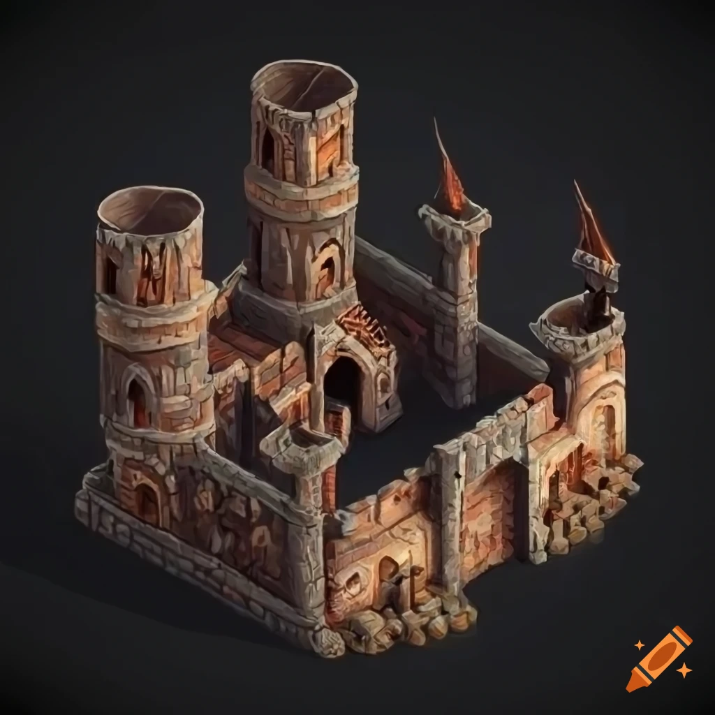 Isometric fantasy diorama of a medieval castle in ruins on Craiyon