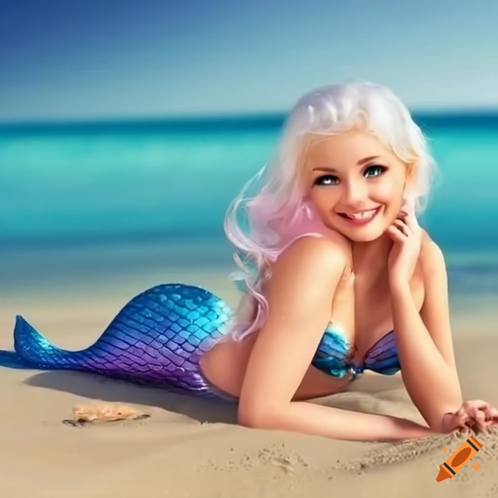 Smiling Mermaid With Platinum Blonde Hair On The Beach On Craiyon