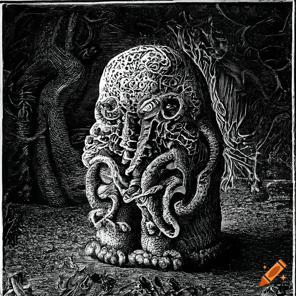 Engraving of a Cthulhu Idol in Escher's style on Craiyon