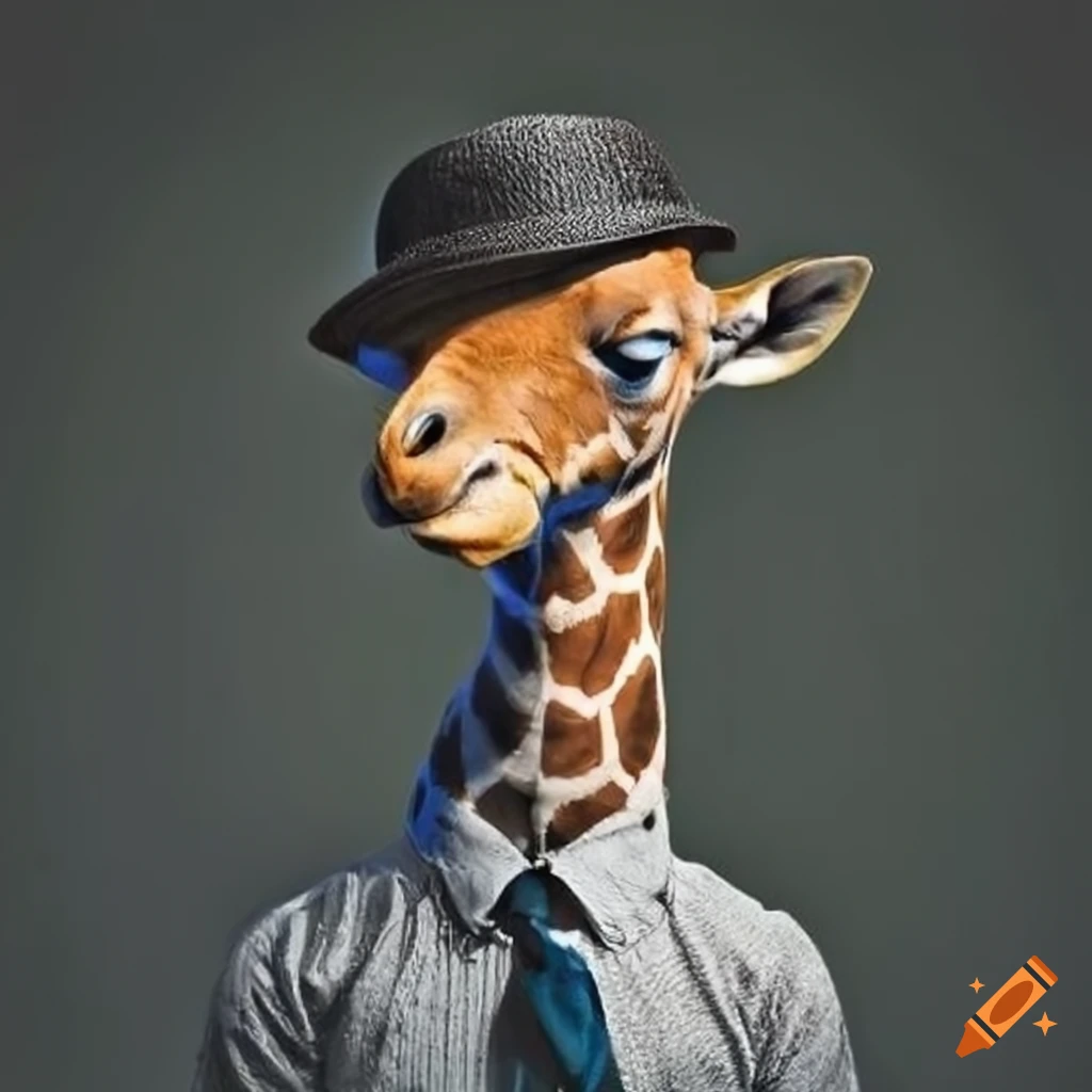 Giraffe wearing a bowler hat and tie on Craiyon