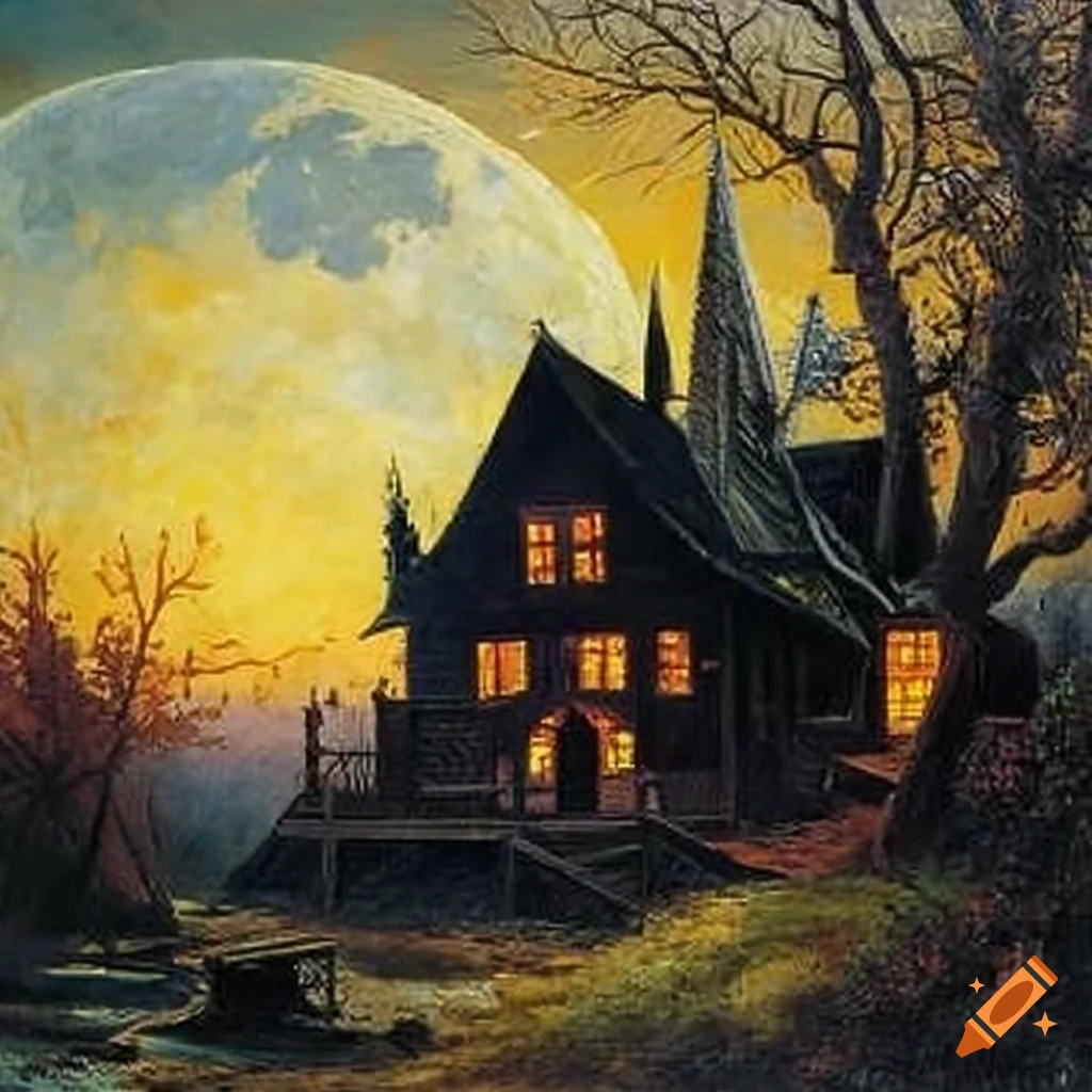 Sinister oil painting of a haunted witch house on halloween on Craiyon