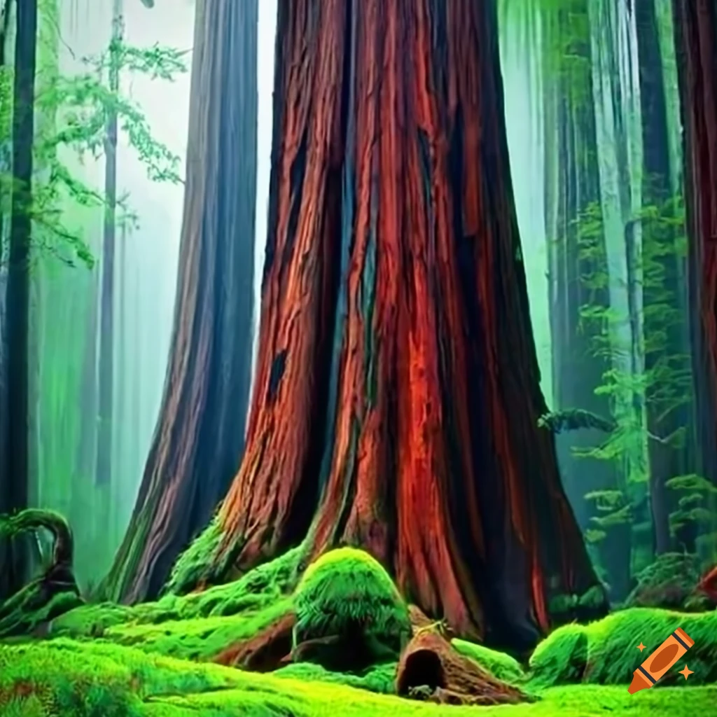 Image of towering crimson-hued trees in the redwood highlands on Craiyon