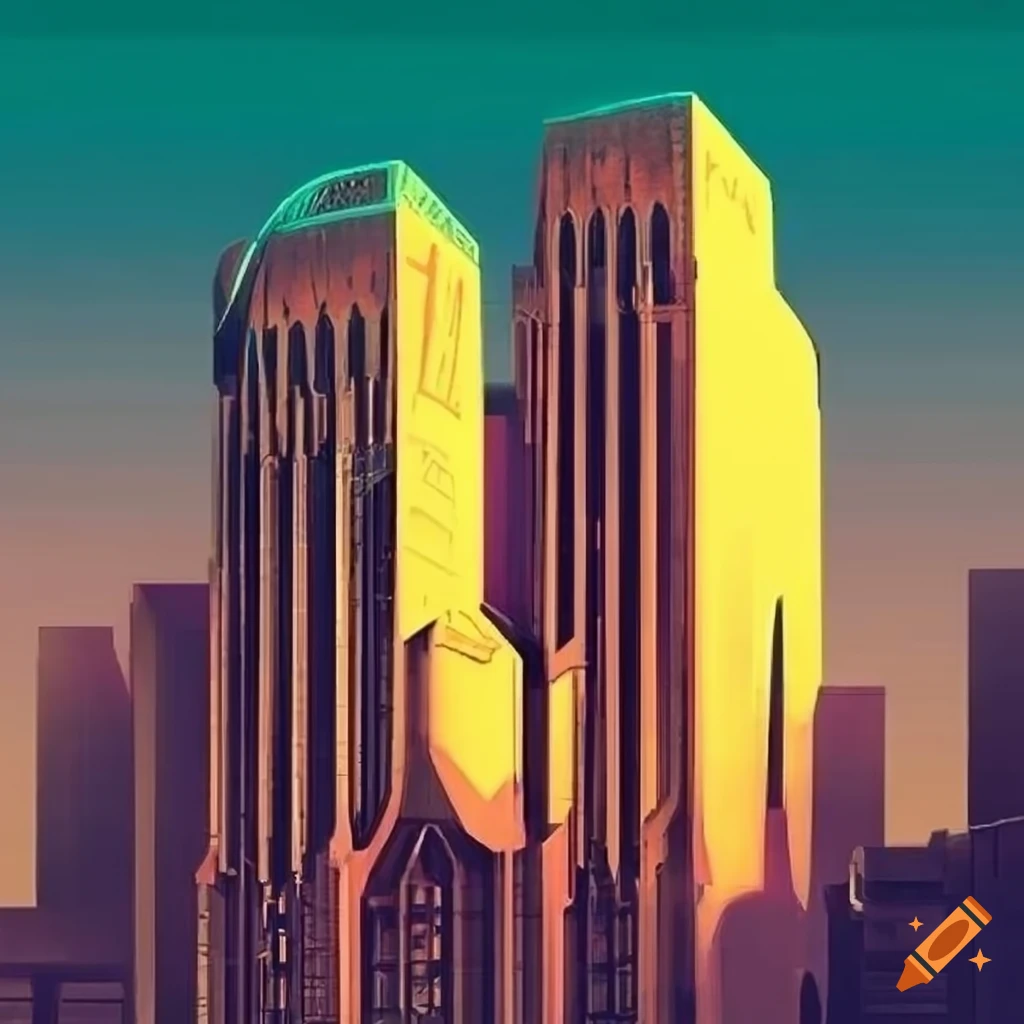 A Decopunk cityscape with futuristic buildings on Craiyon