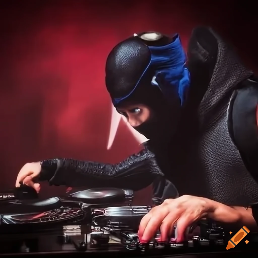 Ninja dj mixing music with turntables on Craiyon