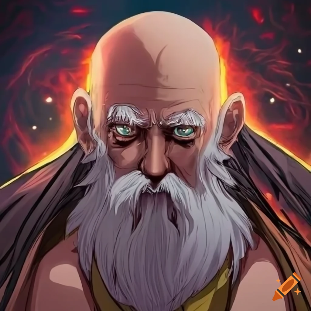 Artwork of an old bald monk with battle axes in a heavenly library on ...