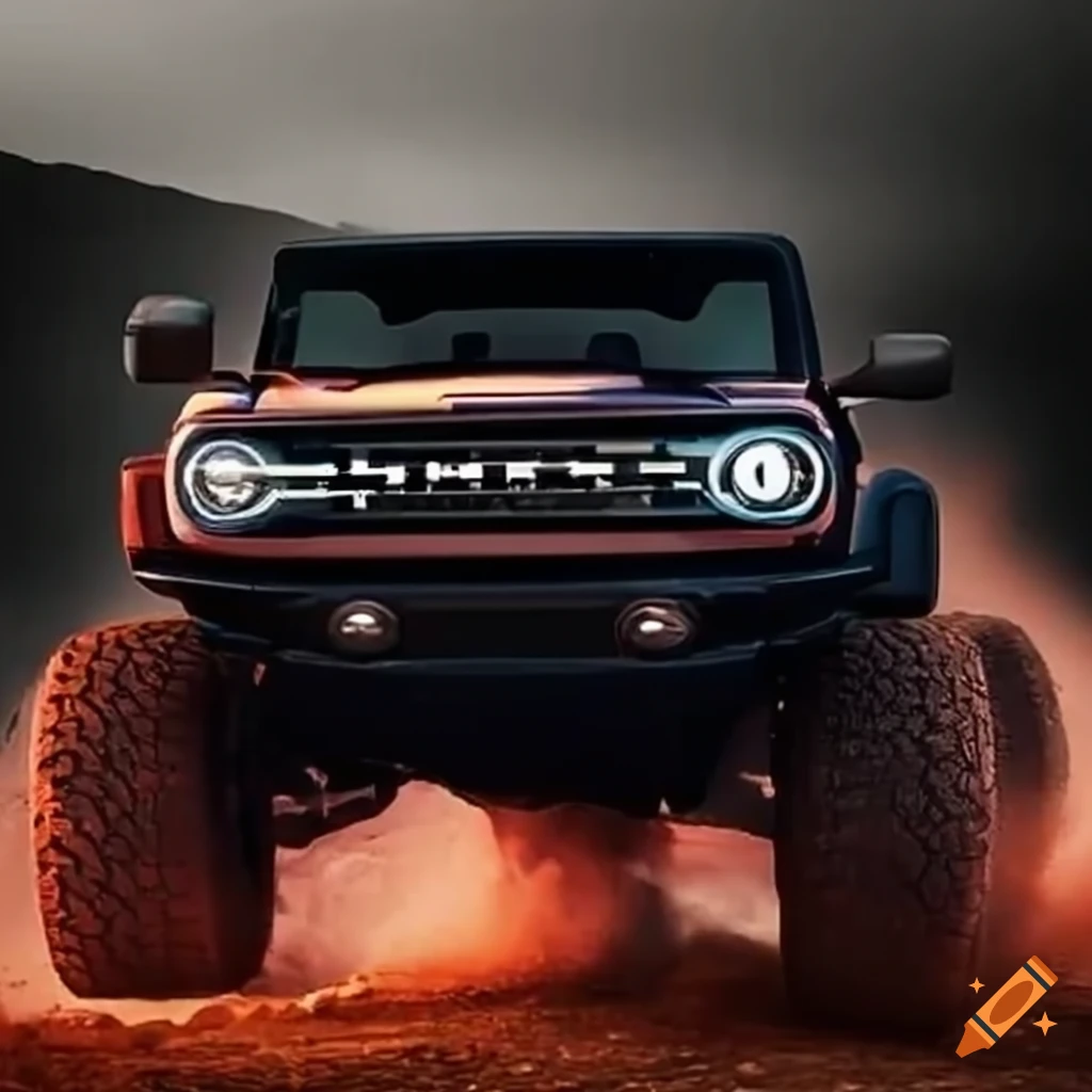 Red ford bronco driving on a scenic mountain road on Craiyon