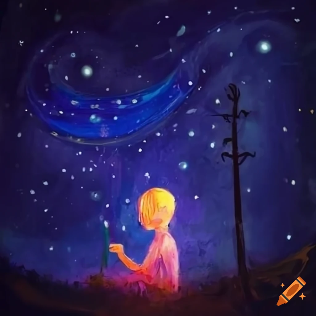 Artistic depiction of a child surrounded by contrasting drawings at night