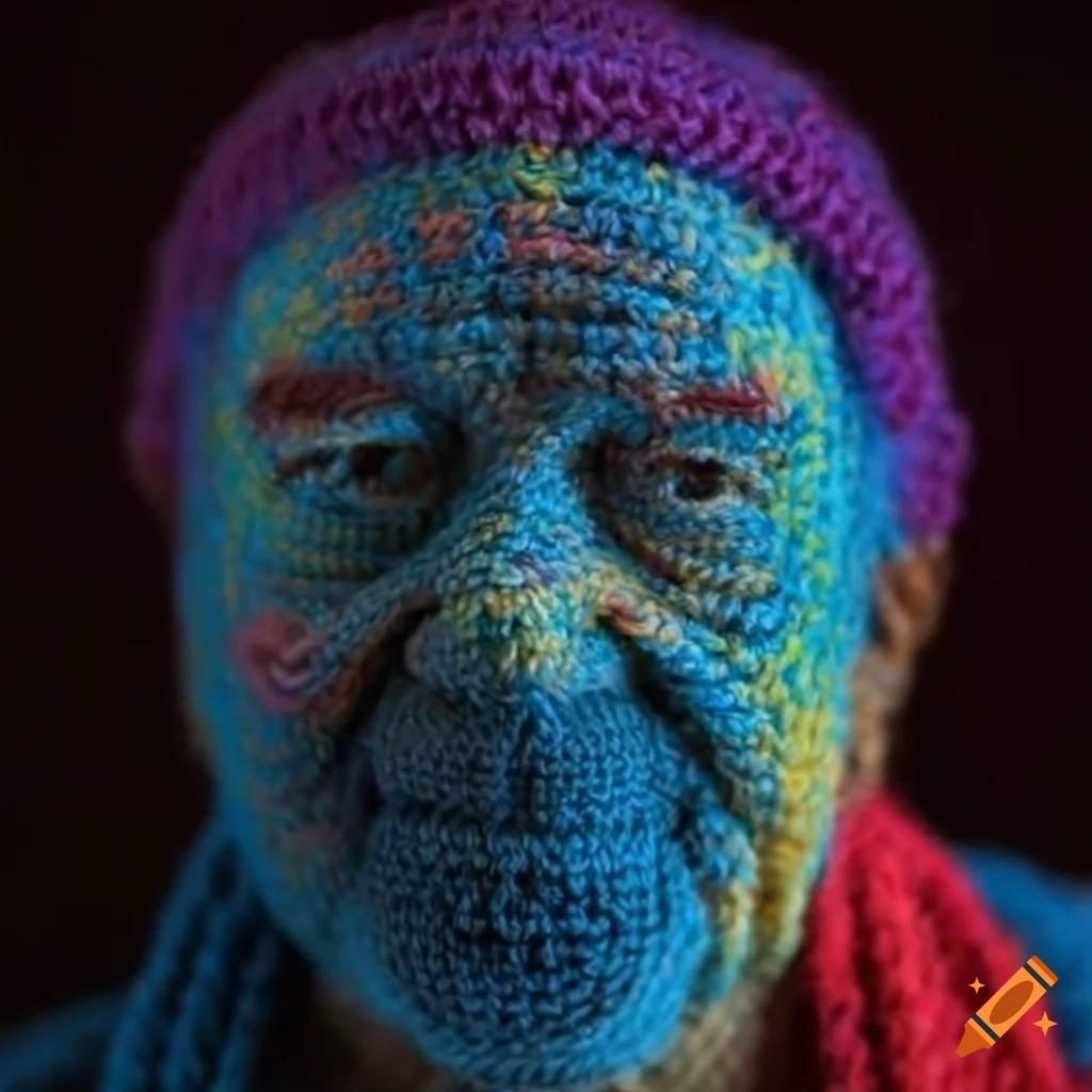 Colorful crochet portrait of tom atkins on Craiyon