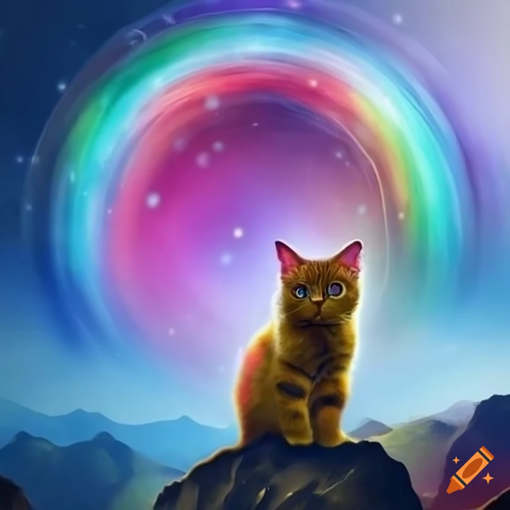 Adorable rainbow cat staring at majestic mountain