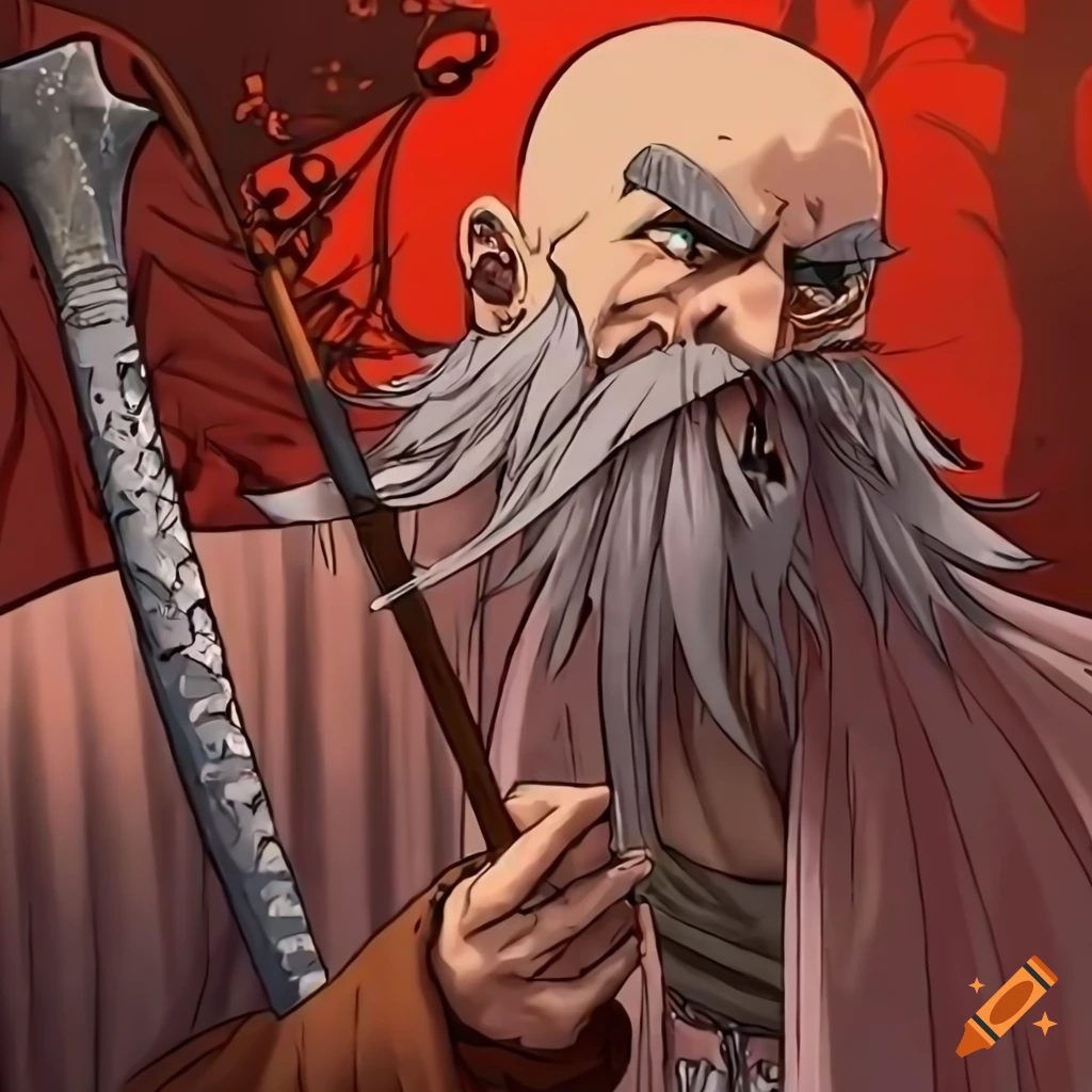 Artwork of an old bald monk with battle axes in a heavenly library on ...