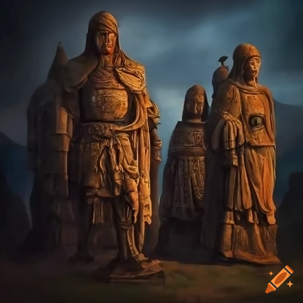 Medieval fantasy artwork of stone soldier statues on Craiyon