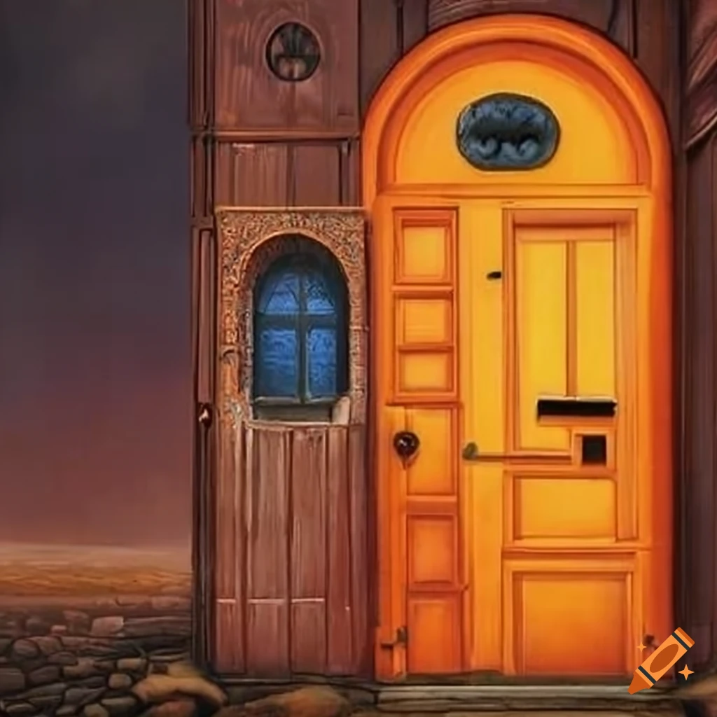 Surreal painting with orange door
