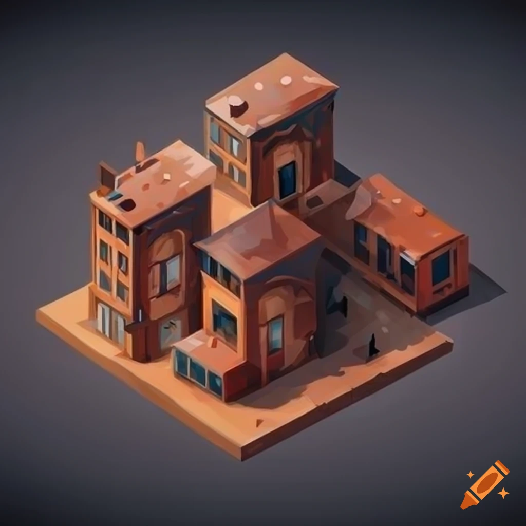 Rustic isometric view of an industrial complex on Craiyon