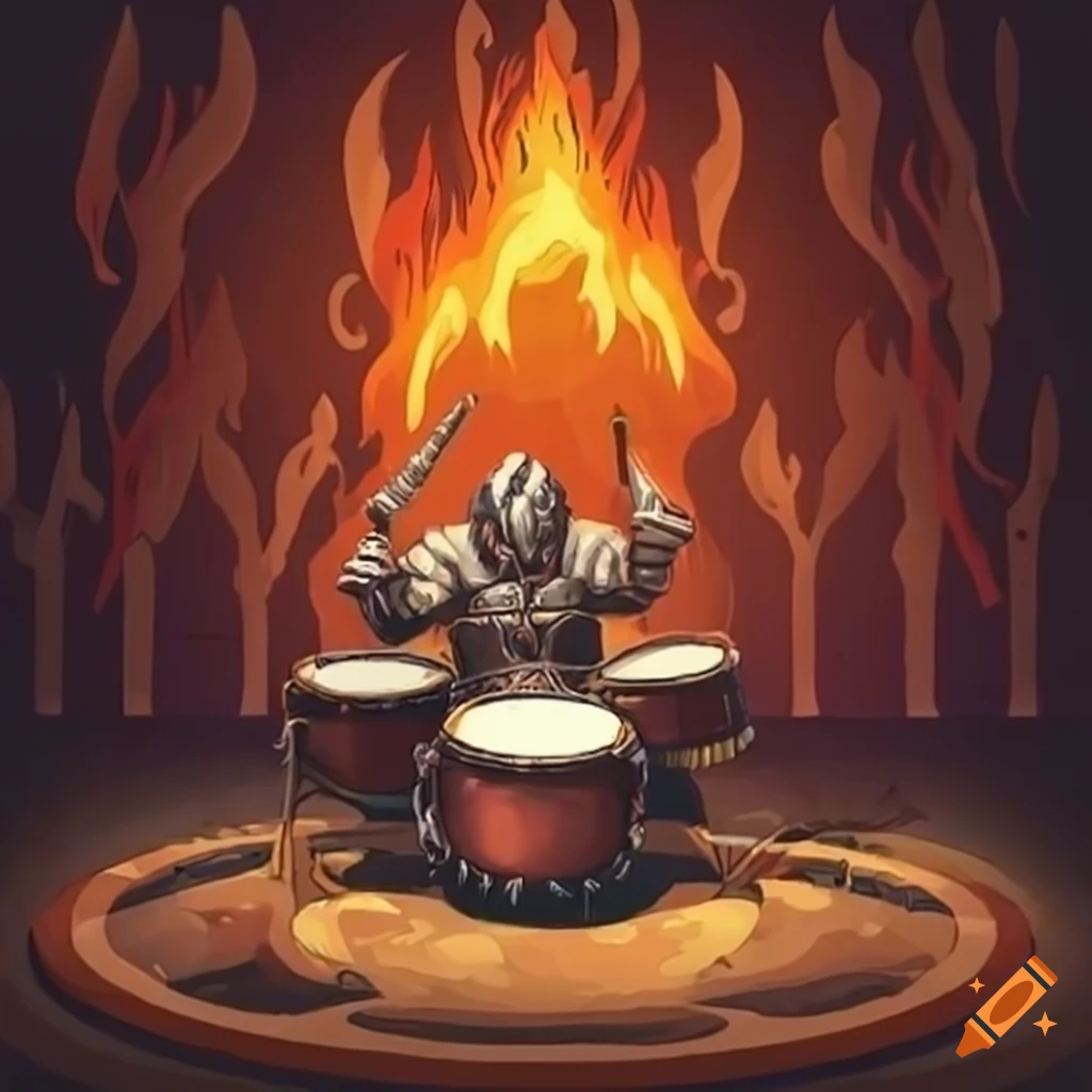 Dwarf playing drums on stage with fiery backdrop on Craiyon