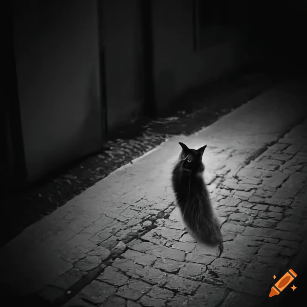 Nighttime photo of a mysterious cat in the street