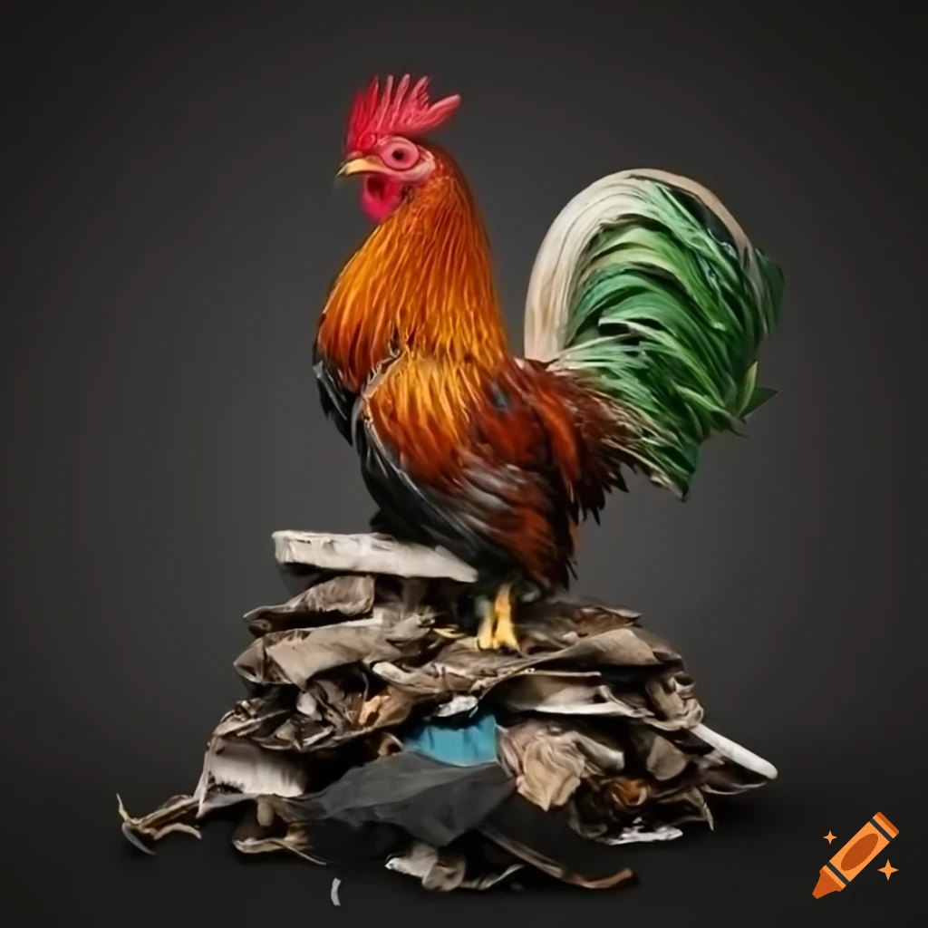 Symbolic artwork of a rooster on a pile of garbage on Craiyon