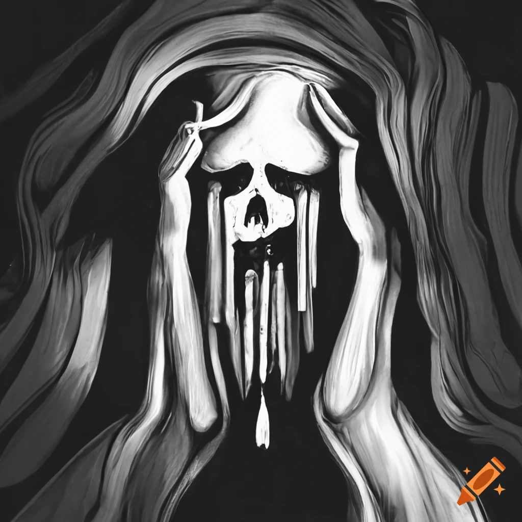 Black and white artwork of a crying death on Craiyon