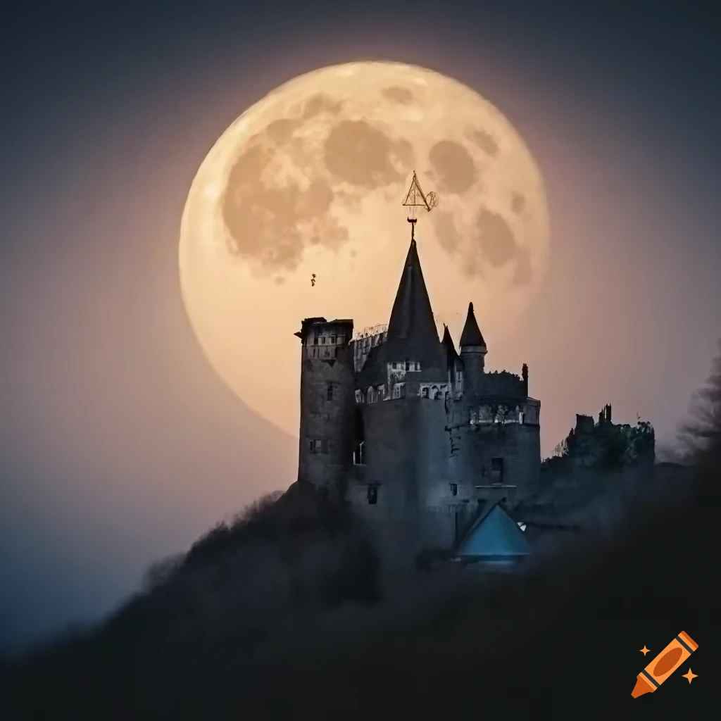 Medieval castle on a hill with full moon on Craiyon