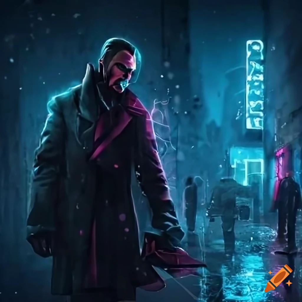 Neon-lit cyberpunk street scene in the rain