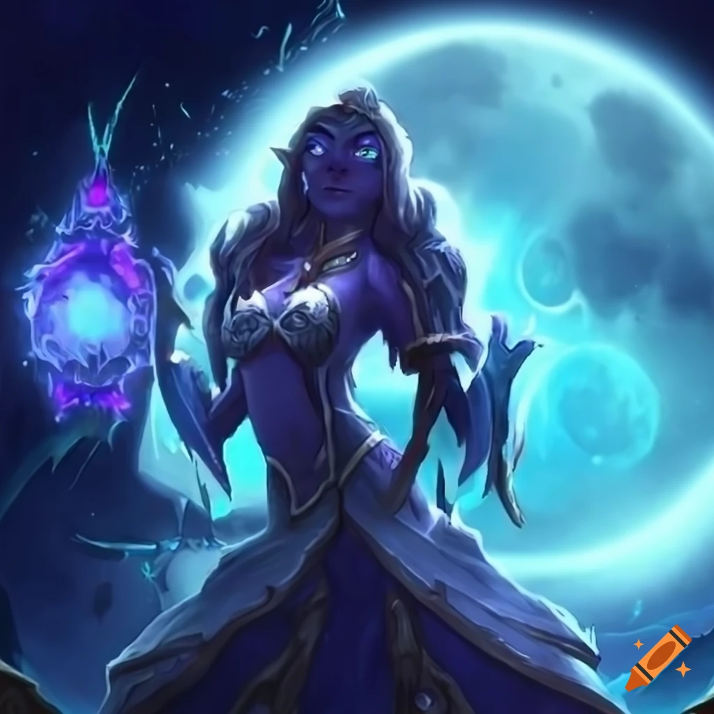 Artwork of Elune, the goddess of the moon in Warcraft world on Craiyon