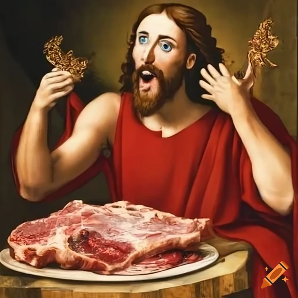 Humorous depiction of Jesus enjoying a meal on Craiyon
