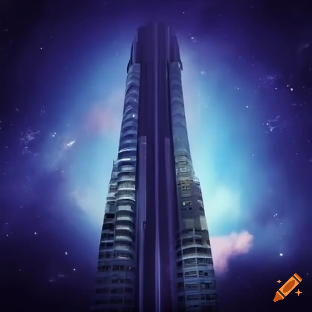 Skyscraper in space with multiple worlds