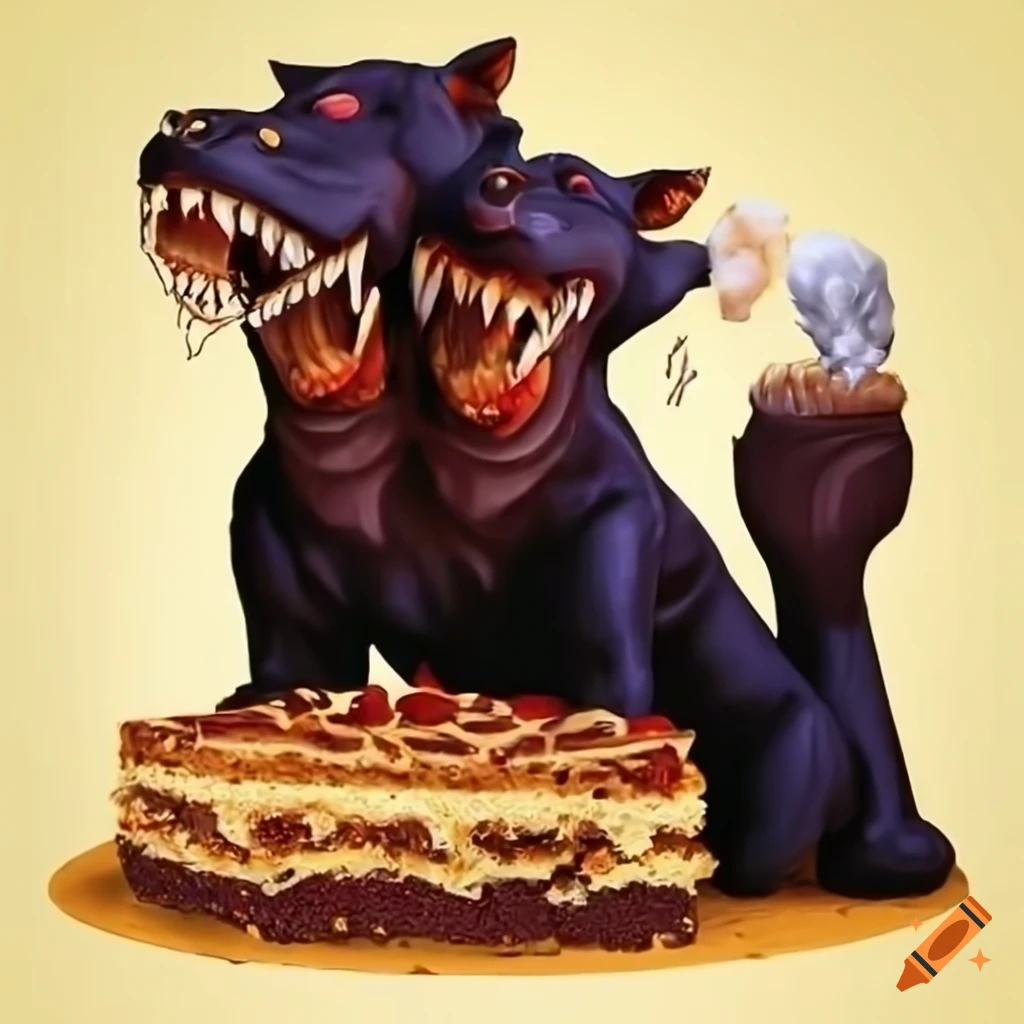 Cerberus eating honey cake on Craiyon