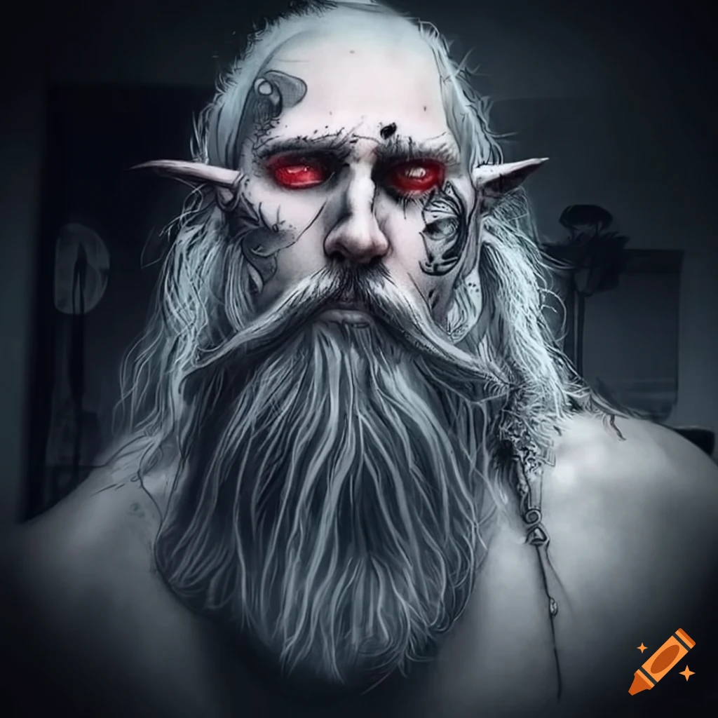Fantasy man with white beard and dark eyes