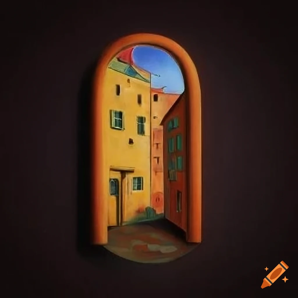 Surrealism artwork of a half moon door with flowers