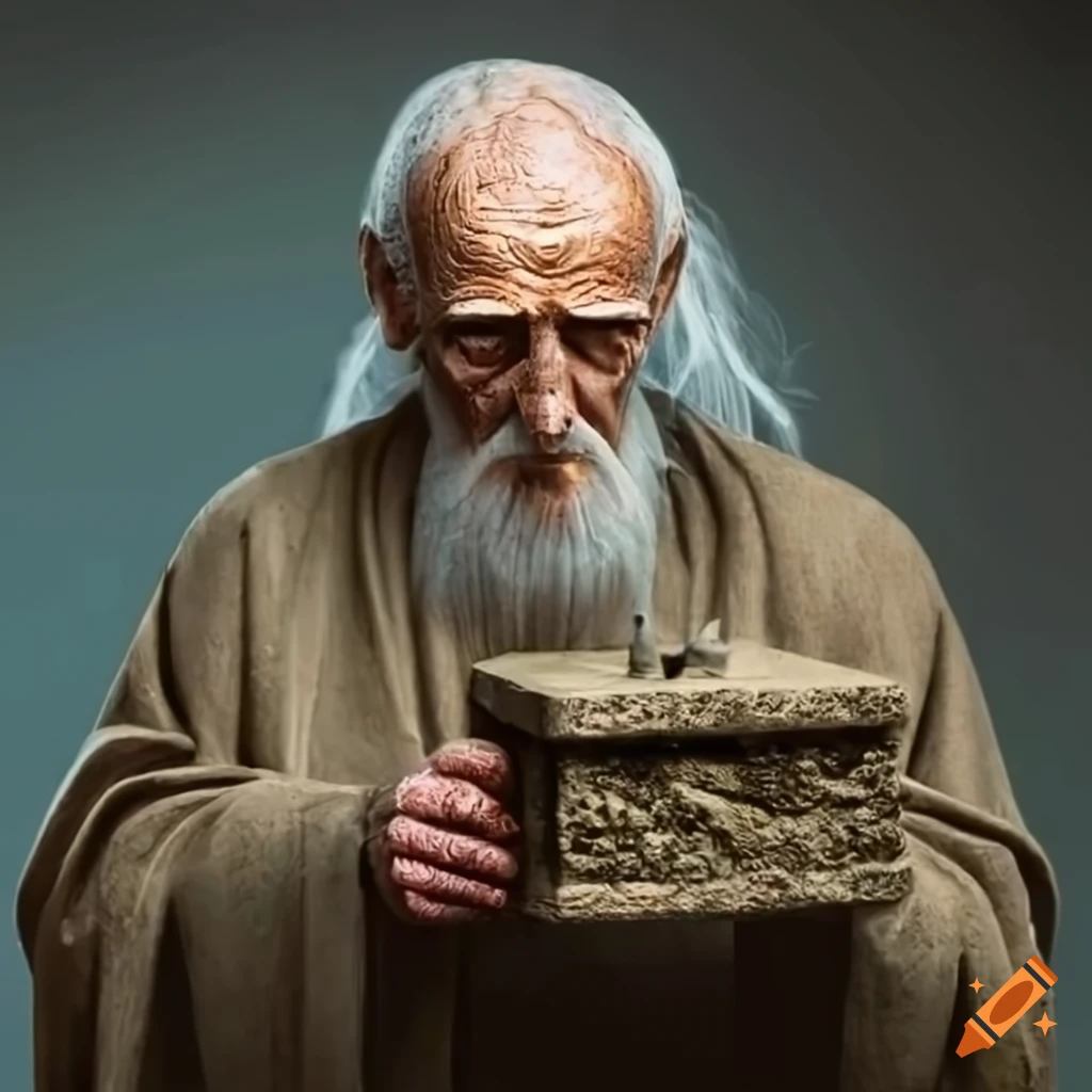 Old abbot holding a stone box in a stone church on Craiyon